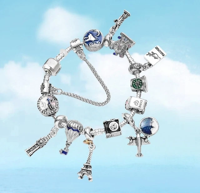 SILVER BRACELET W camera hot air balloon airplane passport suitcase ...