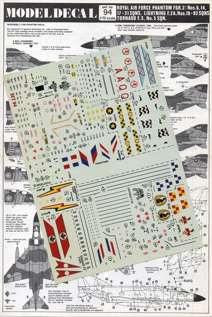 1/72 MODELDECAL SET 94 RAF PHANTOM FGR2's/LIGHTNING F2A & TORNADO F3 5 ...