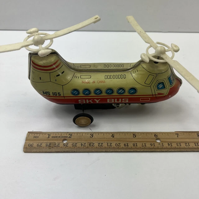 VINTAGE WIND-UP SKY Bus Twin Rotor Helicopter w/KEY. Good Shape For Age ...
