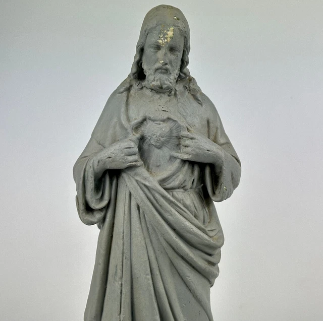 VINTAGE FRENCH RELIGIOUS Bleeding Heart Jesus Painted Grey Plaster ...