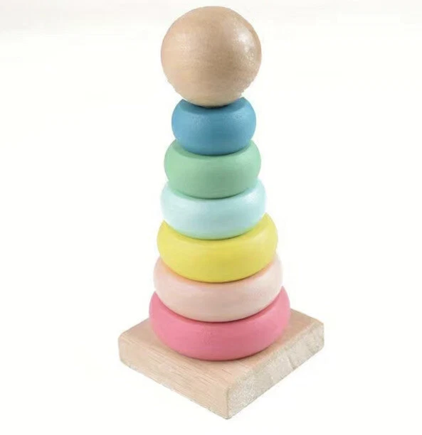WOODEN TOYS PASTEL Rainbow Tower Sorting Stacking Rings Building ...