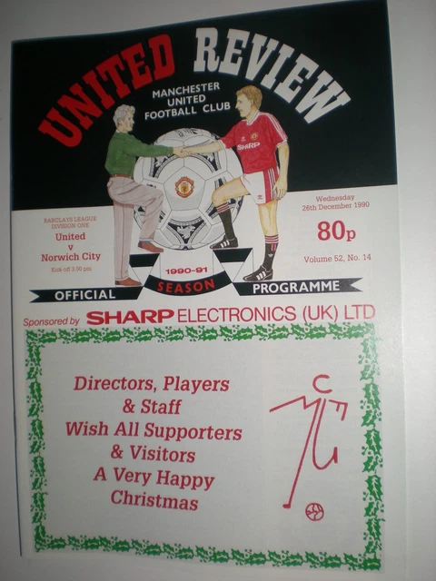 MANCHESTER UNITED v NORWICH CITY, 26th DECEMBER 1990, MINT CONDITION. £ ...