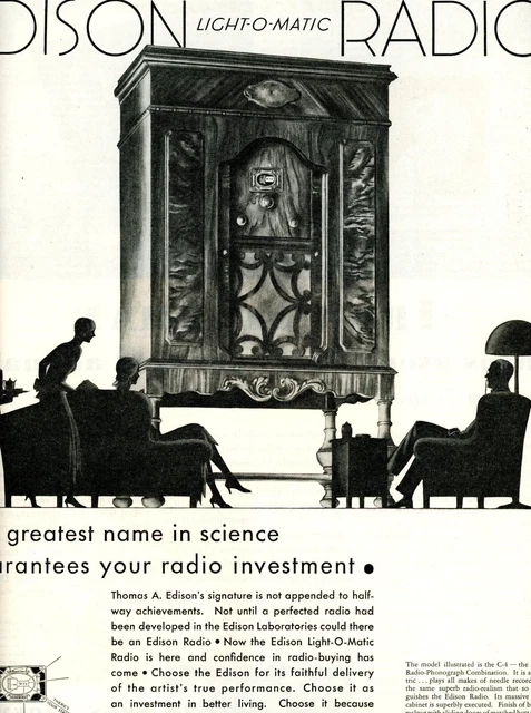 1930 ORIGINAL EDISON Light-O-Matic Radio Ad. Model C-4 Radio-Phonograph ...