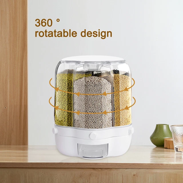 360° ROTATING RICE Storage Dispenser 6 Grid Grain Bean Dry Food ...