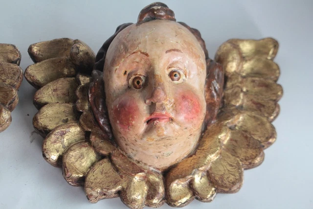 ANCIENNE PAIRE PUTTI têtes d'anges bois polychrome et doré (72806) EUR ...