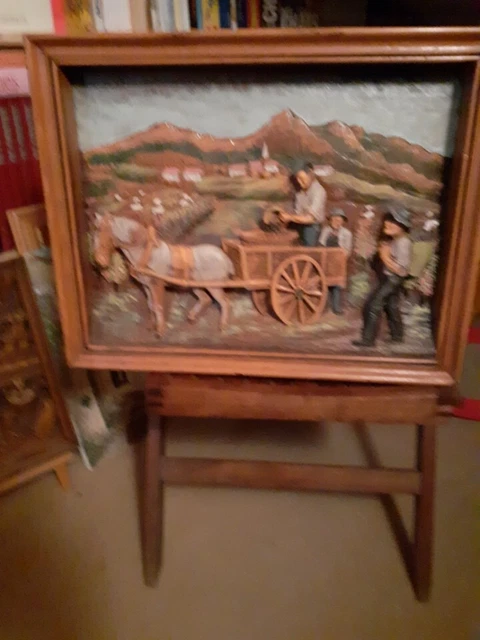 TABLEAU ANCIEN SCULPTÉ en relief genre bois signé c a Morand scene ...