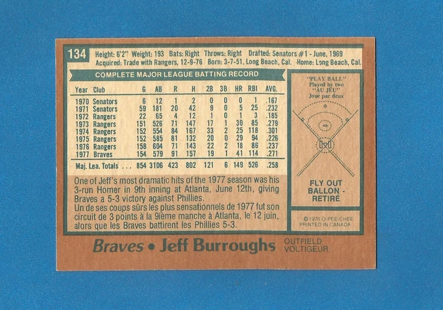 JEFF BURROUGHS 1978 O-PEE-CHEE OPC MLB Baseball #134 (NM)(OC) Atlanta Braves $1.83 - PicClick CA