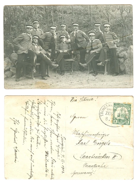 TSINGTAU KIAUTSCHOU FOTOAK Offiziere Bahnpost ZUG 1 Tsingtau Tsinanfu ...