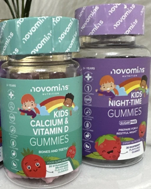 NOVOMINS KIDS GUMMIES 30 Caps each. X1 Bottle Calcium &X1 Bottle Night ...