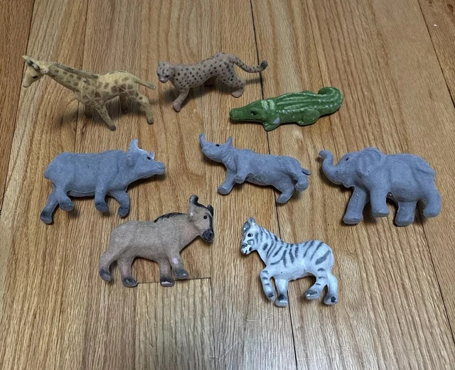 VINTAGE ZOO FLOCKED Wild Safari Animals Lot Toy Figures Giraffe Rhino ...