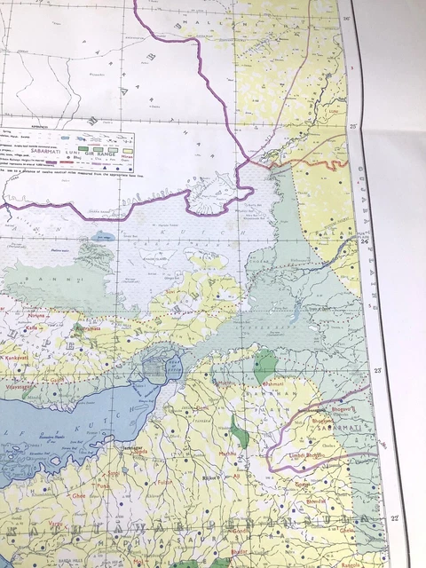 1972 LARGE VINTAGE Map of India Sabarmati River Kathiawar peninsula ...
