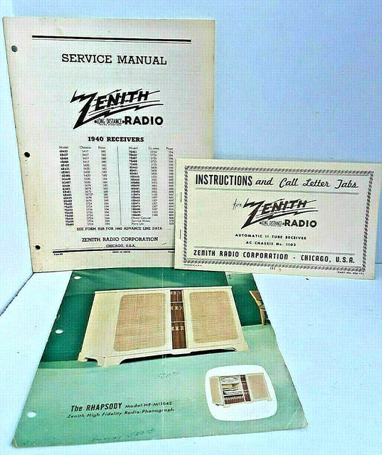 VINTAGE ANTIQUE INSTR. Manuel 1940 RHAPSODY ZENITH RADIO/RECORD PLAYER ...
