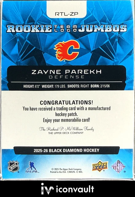2025-26 BLACK DIAMOND Zayne Parekh Team Logo Jumbo Patch Rc Flames ...