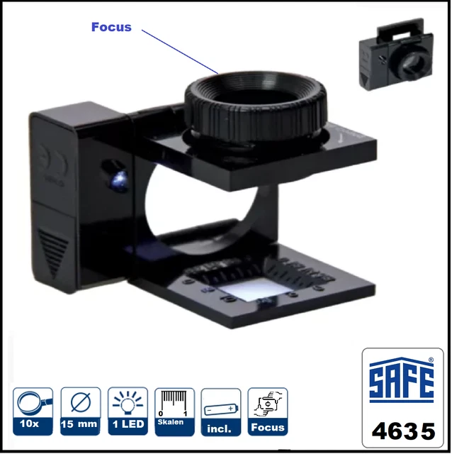 SAFE-4635-STANDLUPE-FADENZÄHLER-MIDI-LUPE-LED LINSE-15MM-FOCUS 10-FACH ...