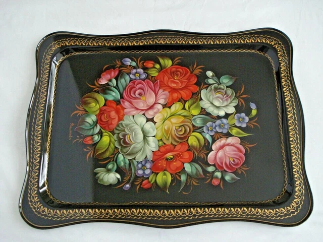 ZHOSTOVO RUSSIAN HAND Painted Metal Tray signed by the artist £58.00 ...