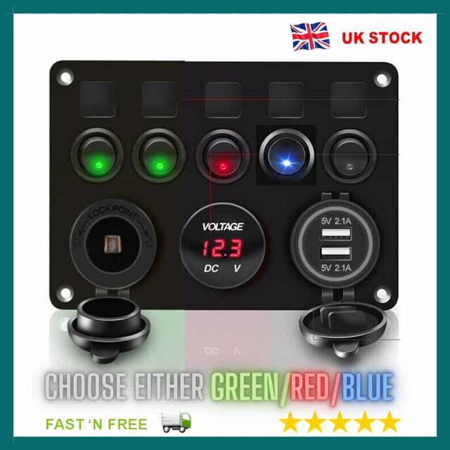 UK 5 GANG Campervan RV 12V LED Light Switch Control Panel Voltmeter USB ...
