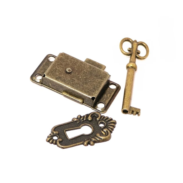 ANTIQUE BRASS CABINET Door Lock Set Key Decorative Cover Curio Antique ...