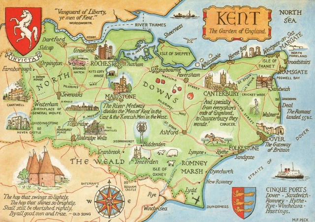 1991 MAP OF Kent The Garden of England POSTCARD - sent to Babbin Pl ...
