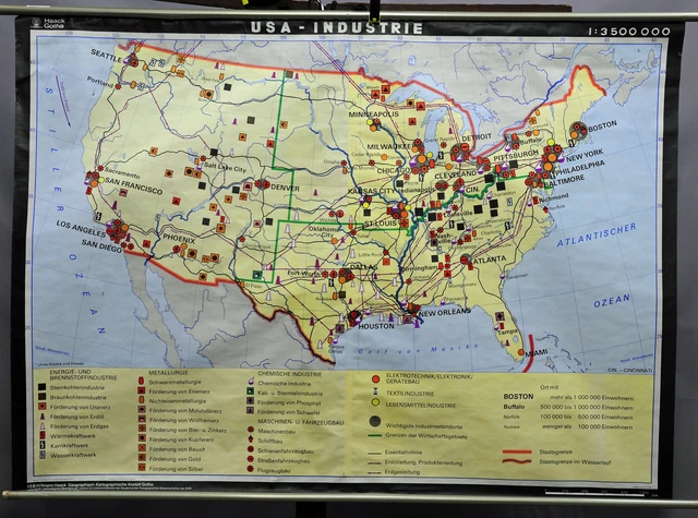 VINTAGE POSTER ROLLABLE wall chart geography map USA - industry economy ...