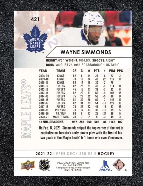 2021-22 WAYNE SIMMONDS MISSING FOIL LOGO ERROR UD Series 2 #421 $4.98 ...