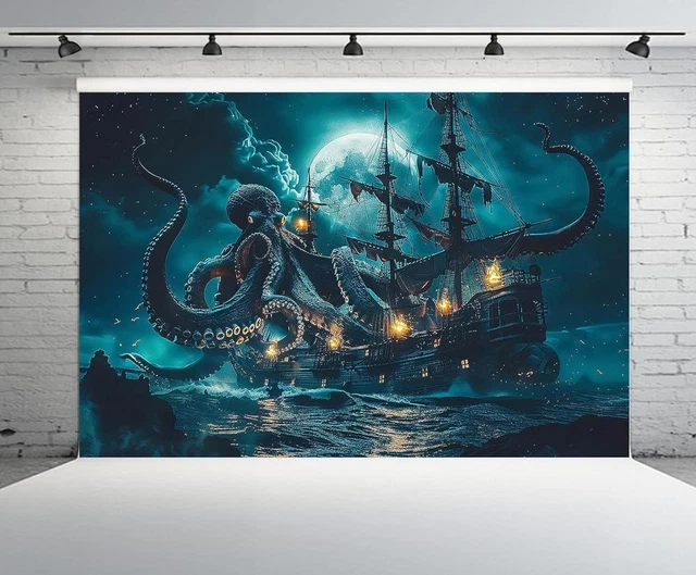 7X5FT HALLOWEEN PIRATE Ship Backdrop Creppy Octopus Monster Fantasy ...