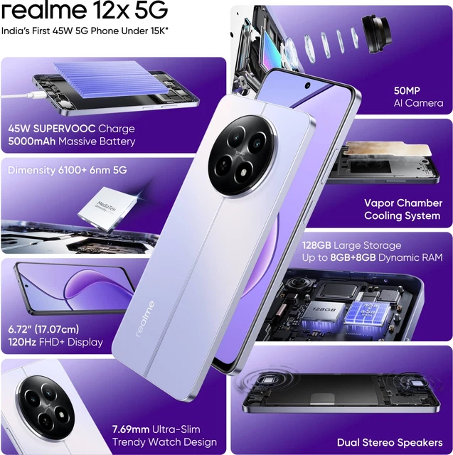 REALME 12X 5G (Violet, 128 Go 8 Go)6,72" Dimensity 6100+ Global Version ...