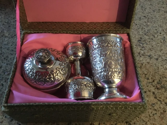 VINTAGE STERLING SILVER Repousse Wine Tasting Set 3 Pieces In Box 216.2 ...