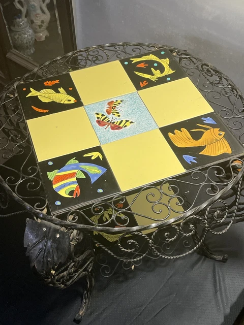 1950 Table Basse Fer Forgé Avec Déserte Plateau Carrelage Céramique Eur