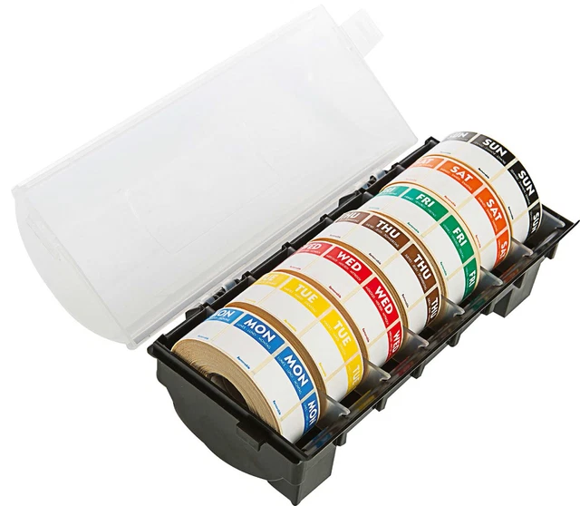 DAY DOT FOOD Label Dispenser + 7 Rolls of 1000 Square 25mm Daymark Food ...