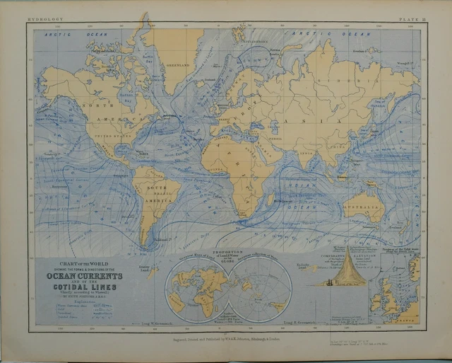 1880 MAP CHART Of The World Ocean Currents Cotidal Lines Mount Everest ...