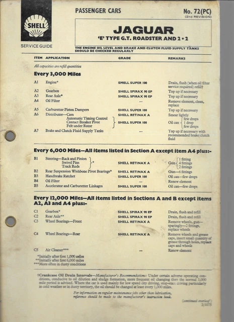 SHELL LUBRICATION CHART Servicing Guide Jaguar 'E' Type Gt, Roadster ...