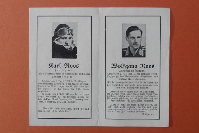 WW2 GERMAN DEATH Card Brothers Pilot England Gold Op Flying Clasp Honor ...