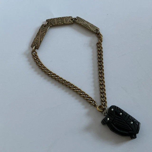 VINTAGE IRISH BOG Oak Carved Miniature Harp Charm On Damascene Chain ...