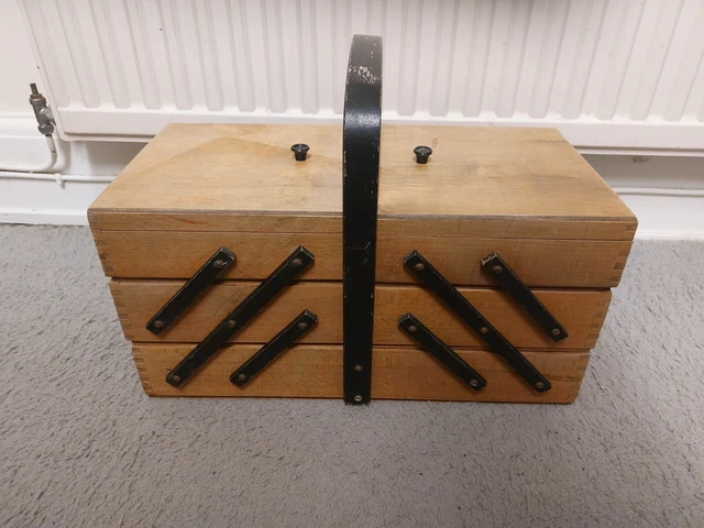 MID CENTURY CANTILEVER CONCERTINA WOODEN SEWING BOX Vintage Retro ...