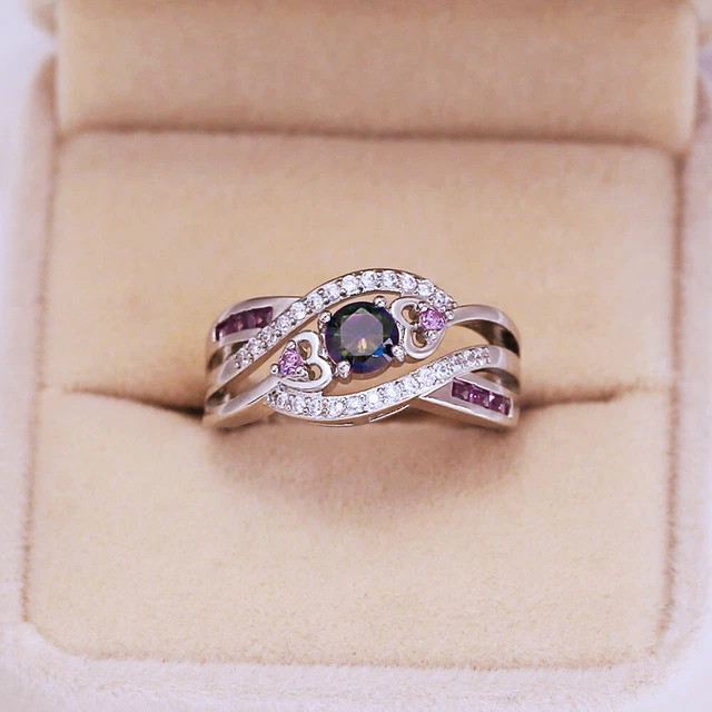ROUND CUBIC ZIRCON Wedding Ring Women Charm 925 Silver Plated Jewelry ...