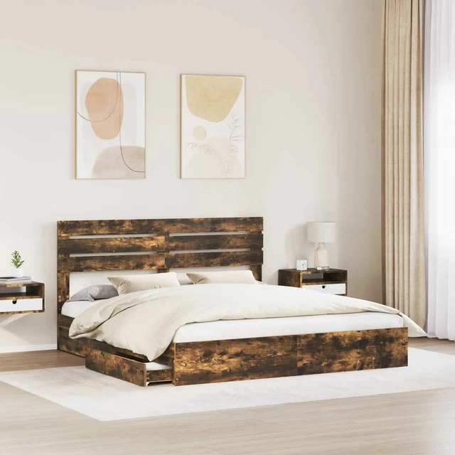 BED FRAME WITH Drawer Smoked Oak 200 x 200 cm Engineered Wood vidaXL £ ...