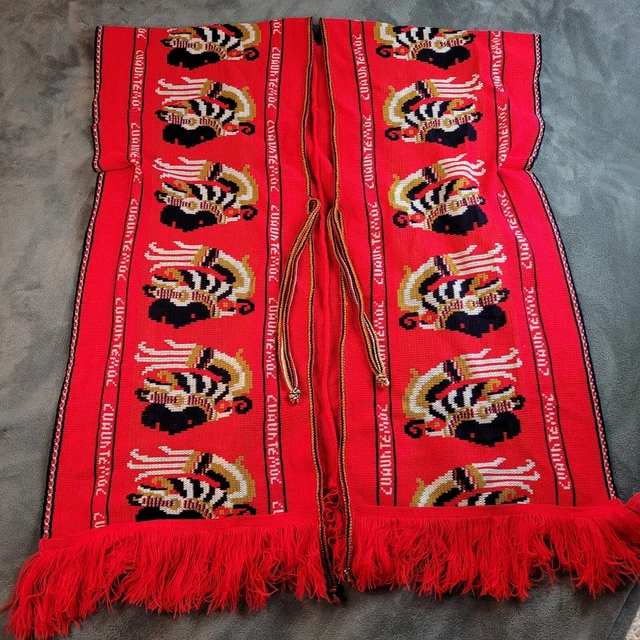 VTG PONCHO AZTECA Warrior Maya Mexico Azteca Red Festival Tunic Shawl ...