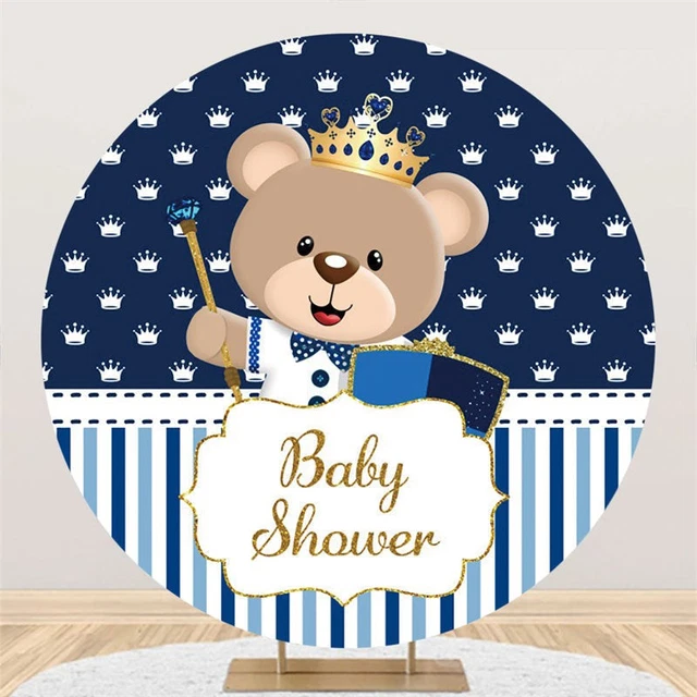 BLUE WHITE STRIPE Bear Theme Baby Shower Round Backdrop $37.94 ...