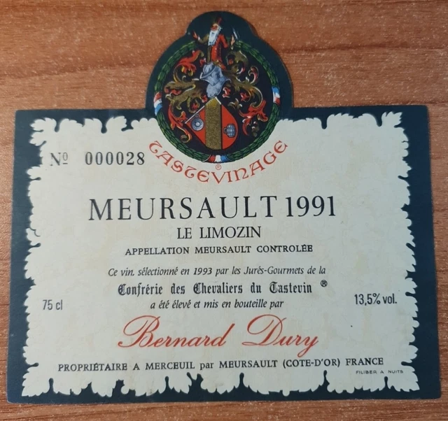 ETIQUETTE DE VIN/ Wine Label MEURSAULT Limozin (Tastevinée) 1991 ...