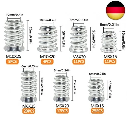EINSCHRAUBMUTTER GEWINDEEINSATZ HOLZ Einschraubmuffen M6 M8 M10 Gewindebuchse EUR 16,65 ...