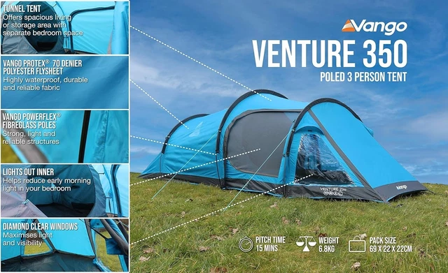 VANGO 350 TENT 3 person XL Tunnel Blue £175.96 - PicClick UK
