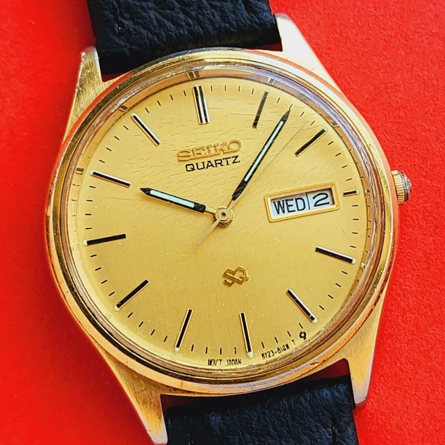 SEIKO SQ WATCH Vintage Quartz Gold Dial Black Leather 5Y23-8049 Mens EUR 71,77 - PicClick FR