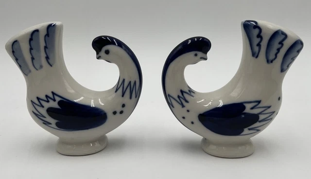 LOT 2 VINTAGE USSR Gzhel Ceramic Pecking Rooster Hen Cockerel Figurine ...