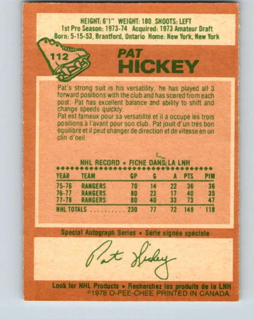 1978-79 O-PEE-CHEE #112 Pat Hickey New York Rangers V22474 EUR 1,01 ...