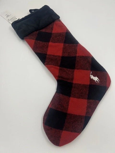 RALPH LAUREN RED Plaid Polo LOGO Christmas Stocking with velour cuff £ ...