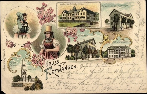 LITHO FURTWANGEN IM Schwarzwald, Uhrmacherschule, Kriegerdenkmal ...