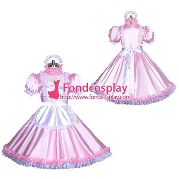 French Sissy Maid Satin Lockable Dress Uniform Cosplay Costume Tailor
