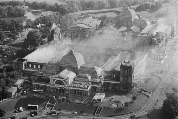 AN AERIAL VIEW of Alexandra Palace on day following a fire 1980 OLD ...