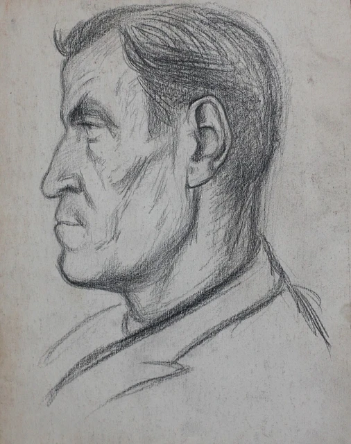 ANTIQUE PENCIL DRAWING male with sharp facial features profile portrait ...