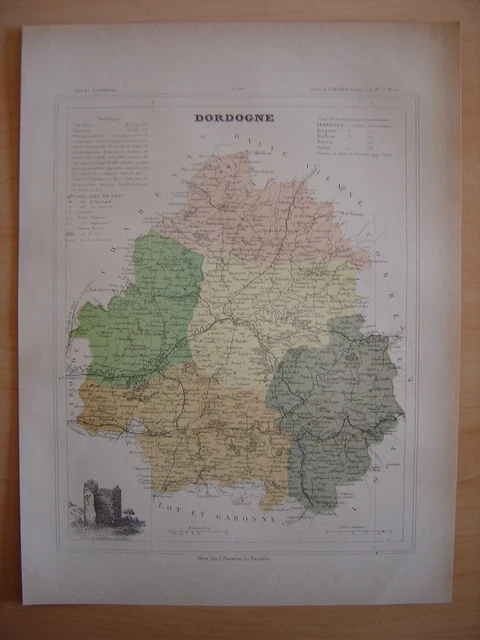 DEPARTMENTAL MAP OF the DORDOGNE circa 1880 Périgueux Bergerac Riberac ...
